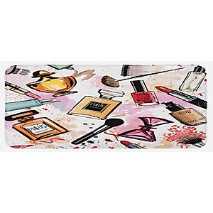 Ambesonne Fashion Kitchen Mat, Cosmetic and Makeup Theme Pattern Perfume Lipstick Nail Polish Brush Modern, Plush Decorative Kitchen Mat with Non Slip Backing, 47" X 19", White Pink