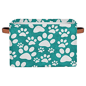 Teal and White Dog Paw Foldable Storage Basket Bin Large Fabric Kids Toys Storage Cube Box with Handles Collapsible Closet Shelf Cloth Organizer Basket for Nursery Bedroom Shelves Laundry