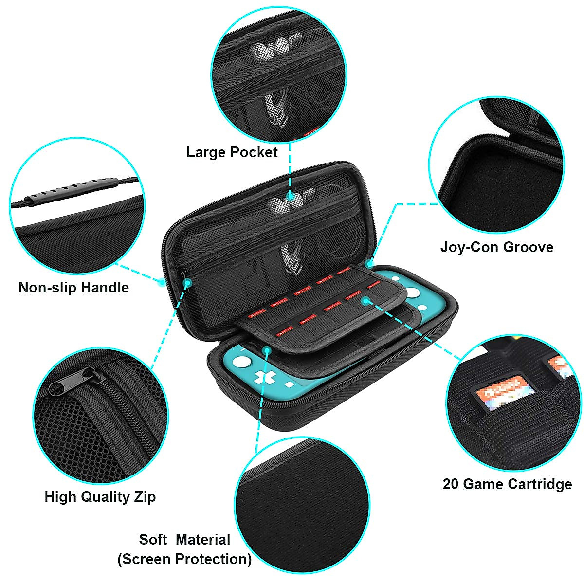 Switch Accessories Kit 17 in 1 for Nintendo Switch Lite, with Switch Carrying Case, Cover Case, Screen Protector Glass, Gaming Card Case, Joy-Con Thumb Grip Caps, Charger Cable, Adjustable Stand