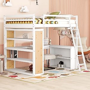 BIADNBZ Full Size Loft Bed with Desk, Shelves, Drawer and Ladder, Solid Wood Bedframe, for Kids Teens Adults Bedroom, White