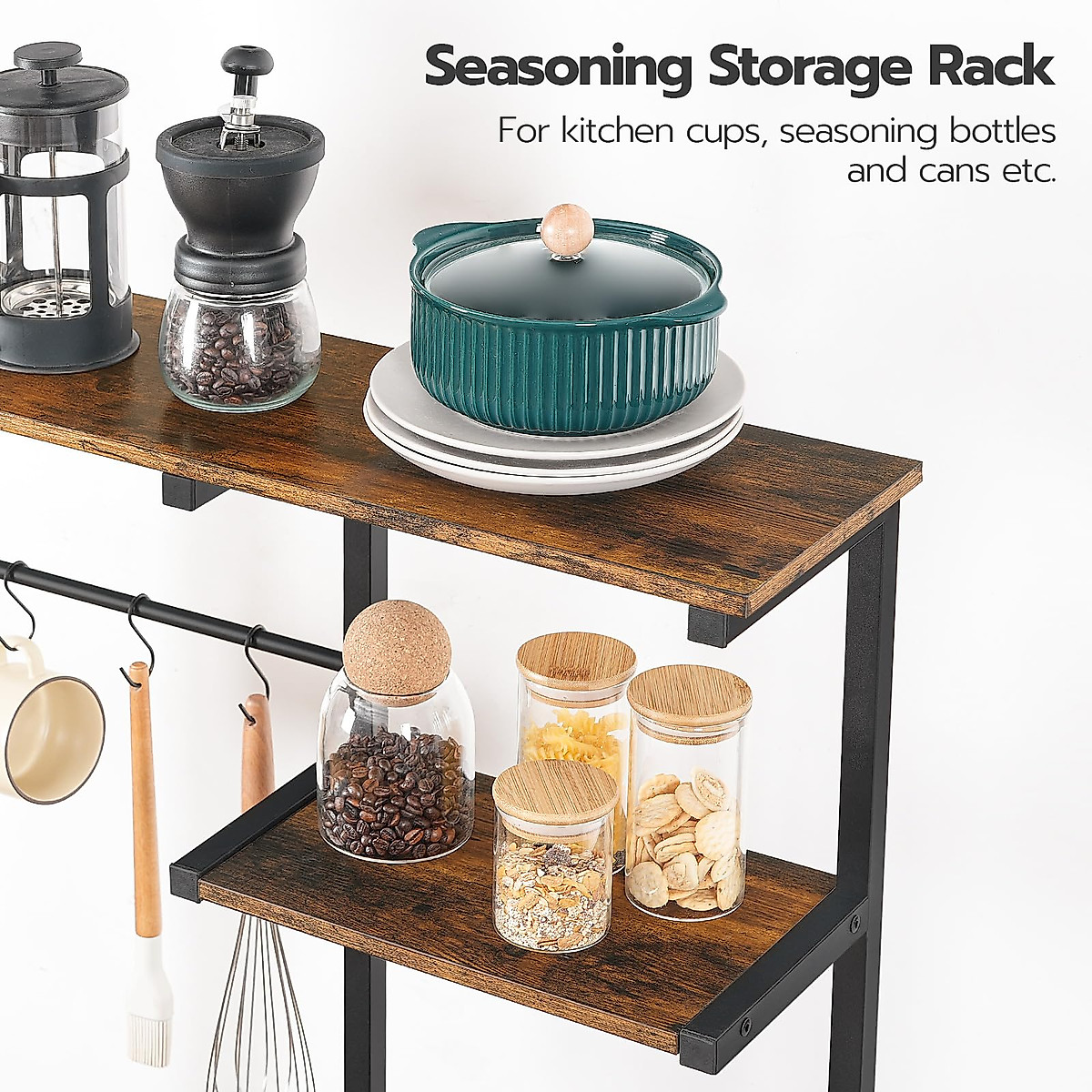 HOOBRO Large Bakers Rack with Power Outlets, 6-Tier Microwave Stand with 4 Hooks, Coffee Bar, Kitchen Shelf with Wire Basket, for Kitchen, Living Room, Office, Rustic Brown and Black BF64UHB01