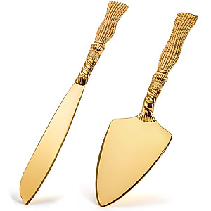 Yesland Wedding Cake Knife and Server Set of 2, Vintage Engraved Gold Cake Cutting Utensils for Wedding Bridal, Anniversary, Birthday, Christmas Gift