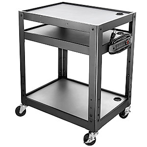 3 Shelf Metal Utility cart - Steel Construction Mobile Presentation Cart Projection Cart with Power Strip - Durable Utility Cart AV Carts on Wheels - Supports Up to 300 LBs (24'' x 18'' x 41'')