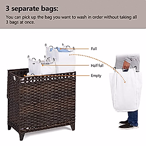 Laundry Hamper with 3 Removable Liner Bags; 132L Handwoven Rattan Laundry Basket with Lid & Heightened Feet; Clothes Hamper with Side Handles; Laundry Sorter with 3 Separate Sections (Brown)