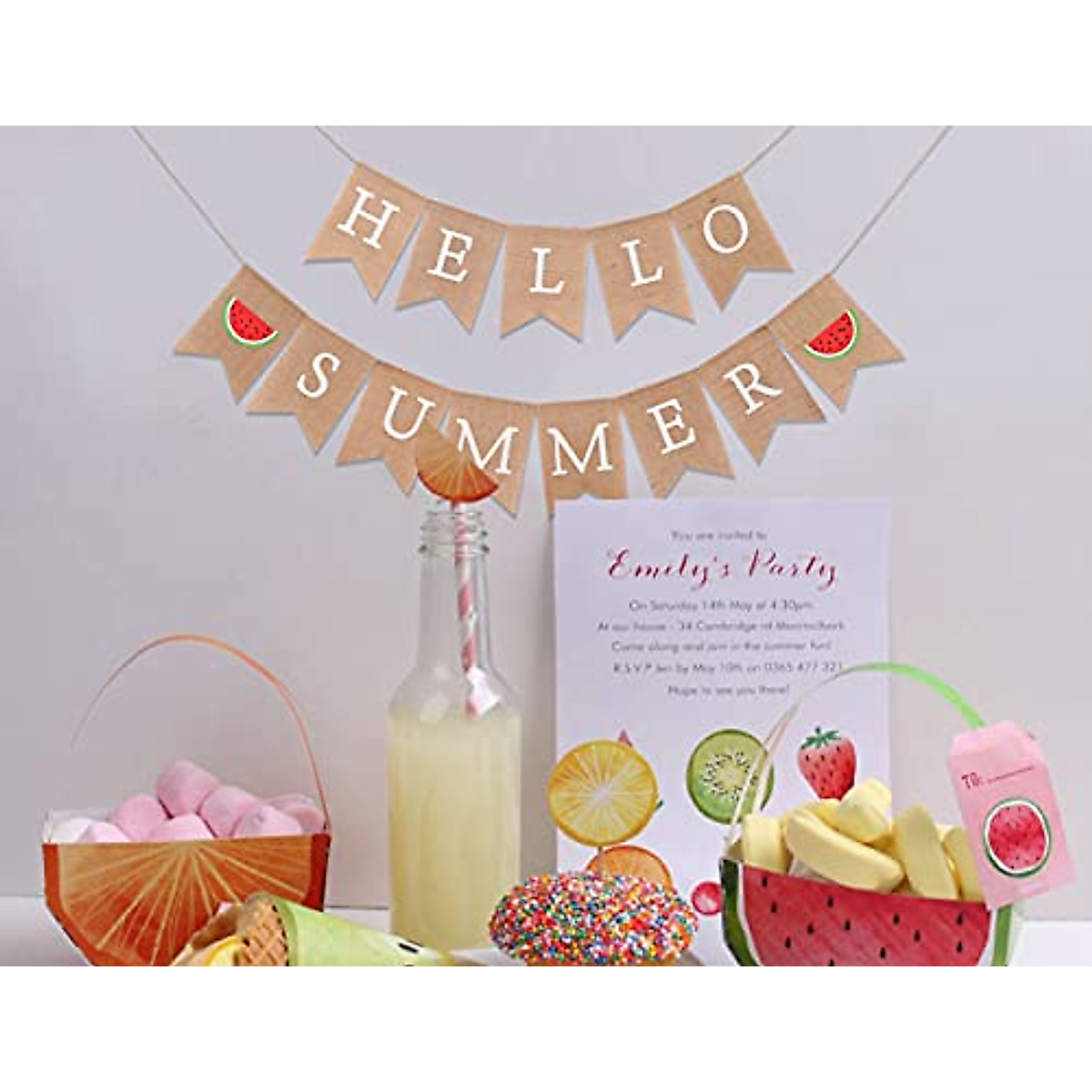 Hello Summer Burlap Banner - Watermelon Party Decoration (Summer MA BU)