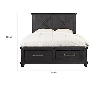 Benjara Liu California King Storage Bed, Crossed Panel, Dark Gray Wood, 2 Drawers