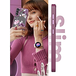 Dretal for Samsung Galaxy S21 5G Case Floral, Military Grade Drop Tested Hard Back & Soft Edge Slim Flower Women Girls Phone Protective Cover + Tempered Glass Screen Protector for Galaxy S21(Purple)
