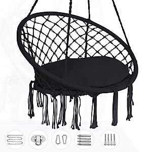 HFKJ Hammock Chair Hanging Rope Swing with Hardware and Cushion Handmade Knitted Mesh Hanging Chair with Macrame for Bedroom Patio Yard Garden, Max 330 Lbs…