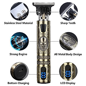 Professional Hair Trimmer for Men Cordless Hair Clippers LCD display Zero Gapped T Blade Rechargeable Multifunctional for Barber Family LCD-Skull-bronze
