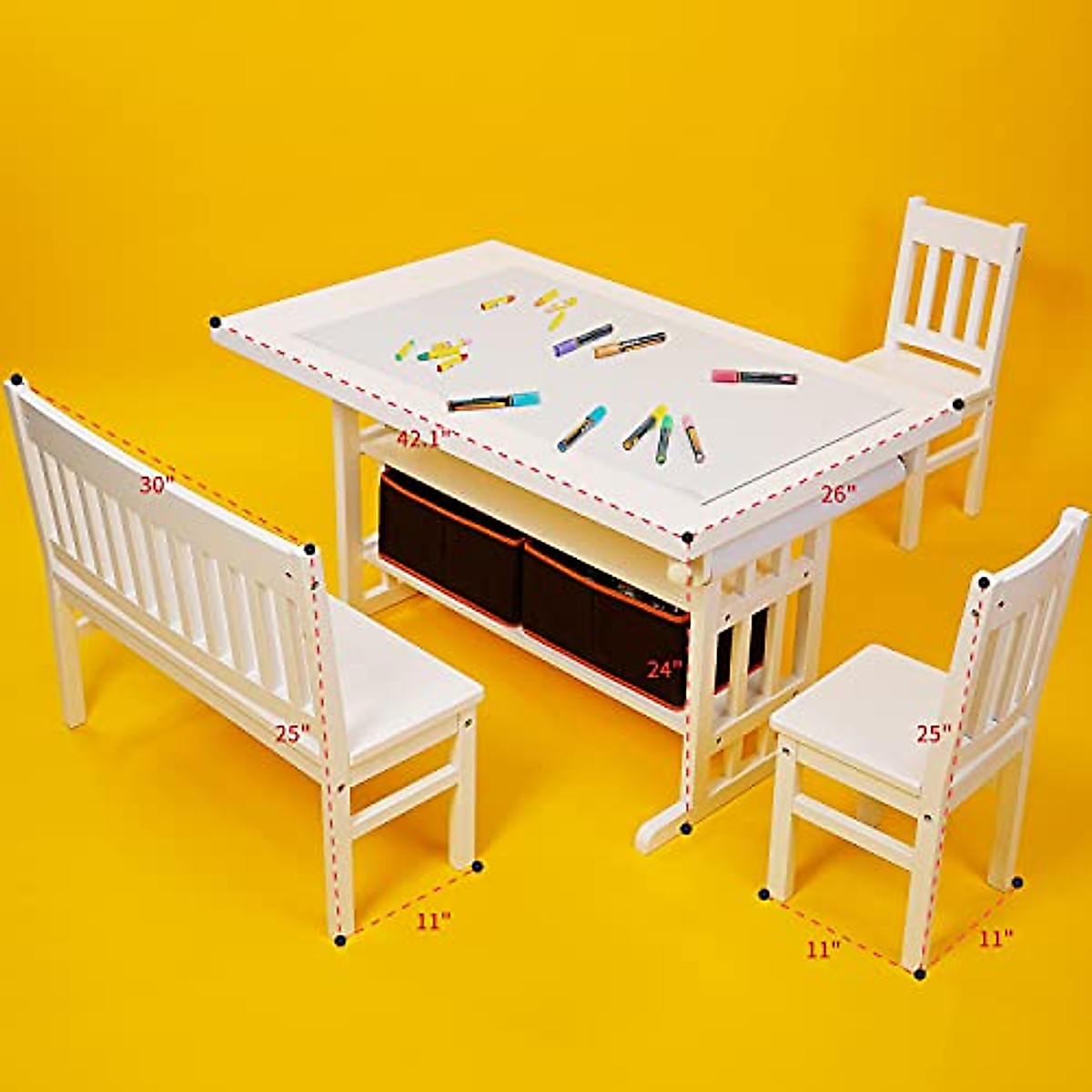 MEEDEN Kids Drafting Table&Chair Set,White Art Play Table,Wood Activity Table with 1 Bench & 2 Chairs,2 Storage Baskets,1 Paper roll for Children Arts&Crafts,Snack Time,Homeschooling,Homework