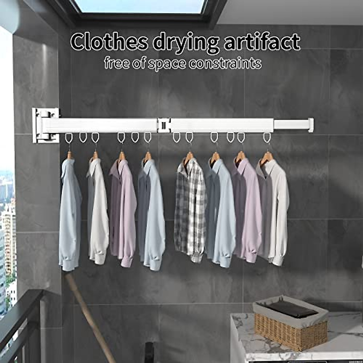 Clothes Drying Rack Retractable Wall Mounted Drying Racks 2 fold Indoor Collapsible Clothing Racks Space Saving Hanging Clothes Laundry Drying Rack for Room Organization Balcony Bathroom White