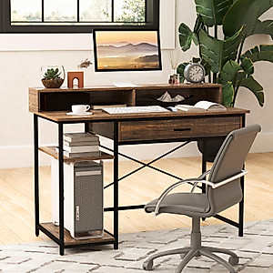 Tangkula Computer Desk with Storage Drawer & Monitor Stand, 48” Home Office Writing Desk with 2 Open Shelves & Compartments, Computer Workstation Writing Study Desk with Metal Frame (Rustic Brown)