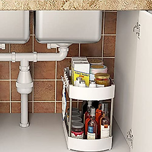 Dicunoy Under Sink Organizer and Storage, Plastic Under Cabinet Shelf for Bathroom, Multi-Purpose White 2 Tier Counter Side Organizer Bins with Hooks for Kitchen, Coffee Bar, Office, Table