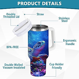 Slewiaeky Tumbler with Handle 40 oz Colorful Tortoise Turtle Travel Mug with Lid and Straw Ocean Stainless Steel Vacuum Insulated Water Bottle Cup for Iced Tea Coffee Cold Beverages Cup Holder Friend
