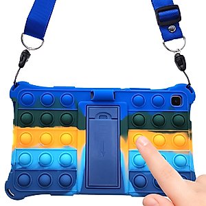 iZi Way Pop It Tablet Case for Lenovo Tab M10 FHD Plus 10.3" 2nd Gen TB-X606F, Smart Tab M10 HD 10.1" TB-X306F, Fidget Poppet Push Bubble Silicone Cover Stand Strap Pencil Holder for Boys - Blue