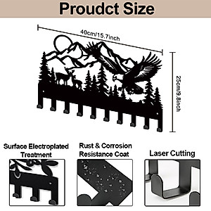 MAYJOYDIY Mountain Forest Animal Metal Coat Racks Wall Mounted Deer Bird Coat Hooks 15.7×9.8inch 10 Hooks Nature Scenery Key Holder Wall Art Decor Gift Black Key Hooks for Coats Hats Towels Bags