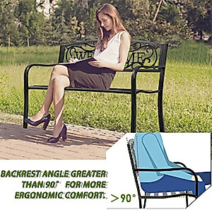 2 Person Outdoor Bench Metal Entryway Bench Garden Patio Bench with Warm Welcome Pattern Backrest and Elegant Flower Finish Porch Bench for Yard Lawn Work Entryway Deck Patio Furniture Bench Black