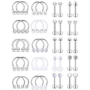 Dyknasz 40Pcs Surgical Steel Lip Rings Clear Diamond CZ Labret Studs Tragus Horseshoe Ring Helix Hoop Earring Body Jewelry Piercing Retainer for Women Men 16 Gauge 8mm Silver-tone