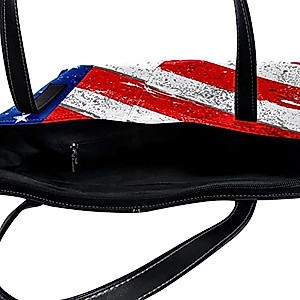 Vintage American Flag Tote Bag for Women Girls, Leather Shoulder Bag with Inside Pockets, Zip Top Handbags