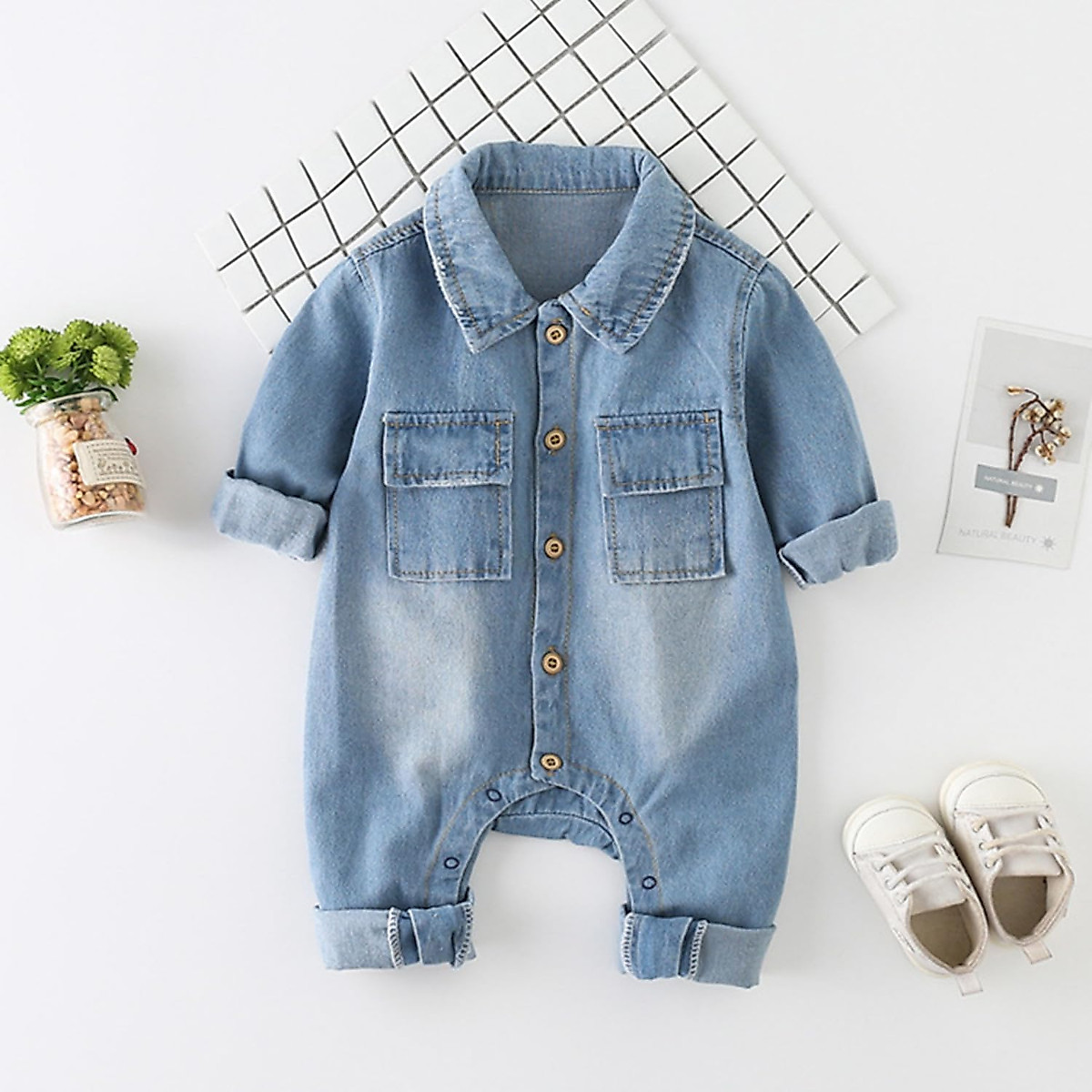 Alunsito Autumn Toddler Baby Boy Romper Long Sleeve Jumpsuit Animal Printed One-Piece Button-Down Denim Bodysuit Giraffe 73 3-6 Months
