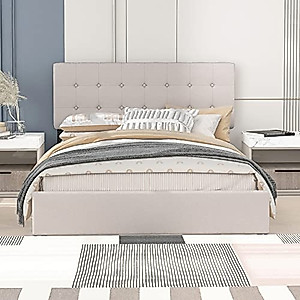 Contemporary Linen Upholstered Platform Bed Mattress Foundation w/Button Tufted Headboard&Slats for Adult,Low Panel Bedframe w/Gas Lift up Storage Space&Wooden Slats,No Box Spring Needed (Beige,Queen)