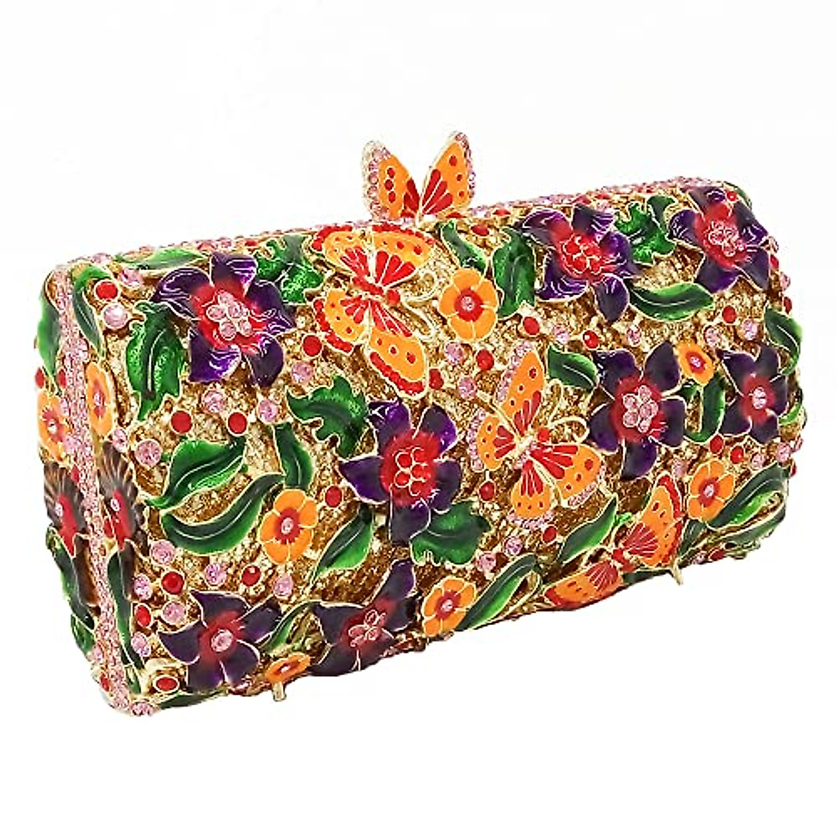 Boutique De FGG Flowers & Butterfly Women Crystal Clutch Evening Bag Wedding Party Rhinestone Handbags (Small,Orange Purple)