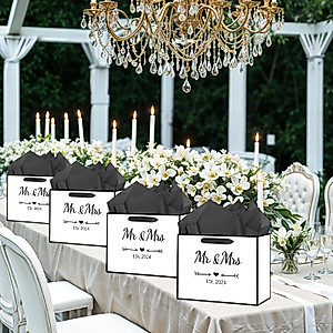 EST 2024 Wedding Gifts Bag Bridal Shower Gift Bags White Black Mr & Mrs Gifts Bag with Tissue Paper and Card Christmas Wedding Gift Wrapping Paper Bag Bridal Anniversary Wedding Shower Gift Bag
