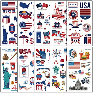 Fourth of July Temporary Tattoos Set Patriotic Decorations Stickers 10 sheets for Kids Adults, Red White and Blue American Flag USA Party Supplies 4th of July Memorial Independence Labor Day
