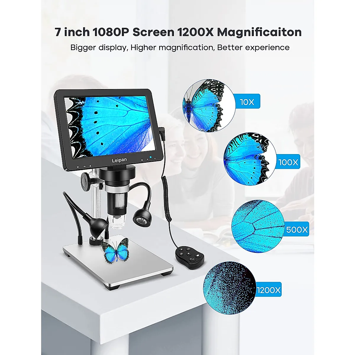 7" LCD Digital Microscope 1200X,Leipan 12MP Coin Microscope for Adults,1080P Microscope with 12pcs Slides,Windows/Mac OS Compatible(32GB Card)