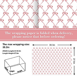 JarThenaAMCS 6 Sheets Pink Bow Wrapping Paper -Not Roll- Gift Wrap Paper Folded Flat Large Craft Paper for Birthday Baby Shower Party Supplies, 27.6 x 39.4 Inch