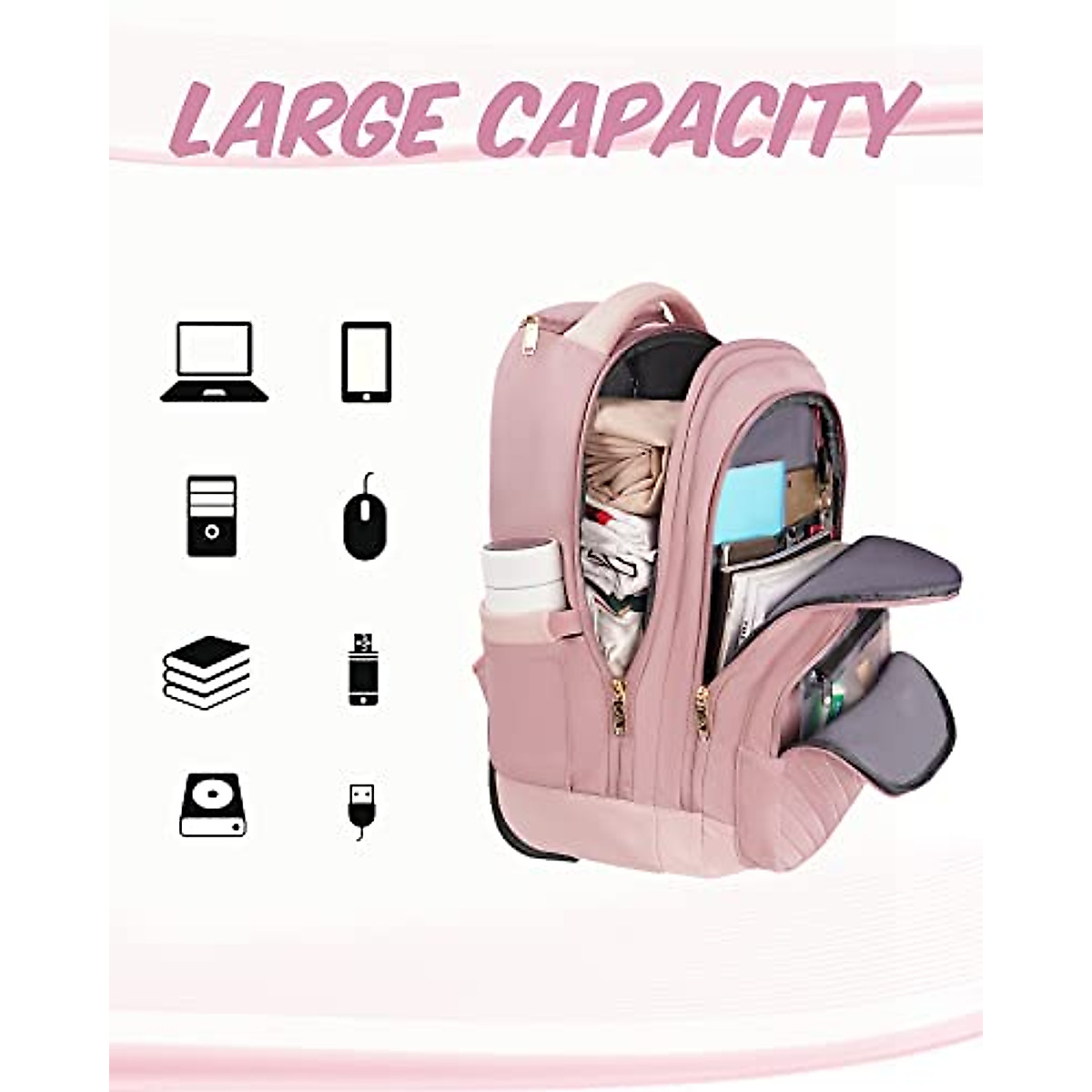 MATEIN Rolling Backpack for Women, 17 Inch Travel Laptop Backpacks with Wheels, Waterproof Large Carry On Business Luggage Roller Backpack, Trolley Suitcase Overnight College Work Computer Bag, Pink