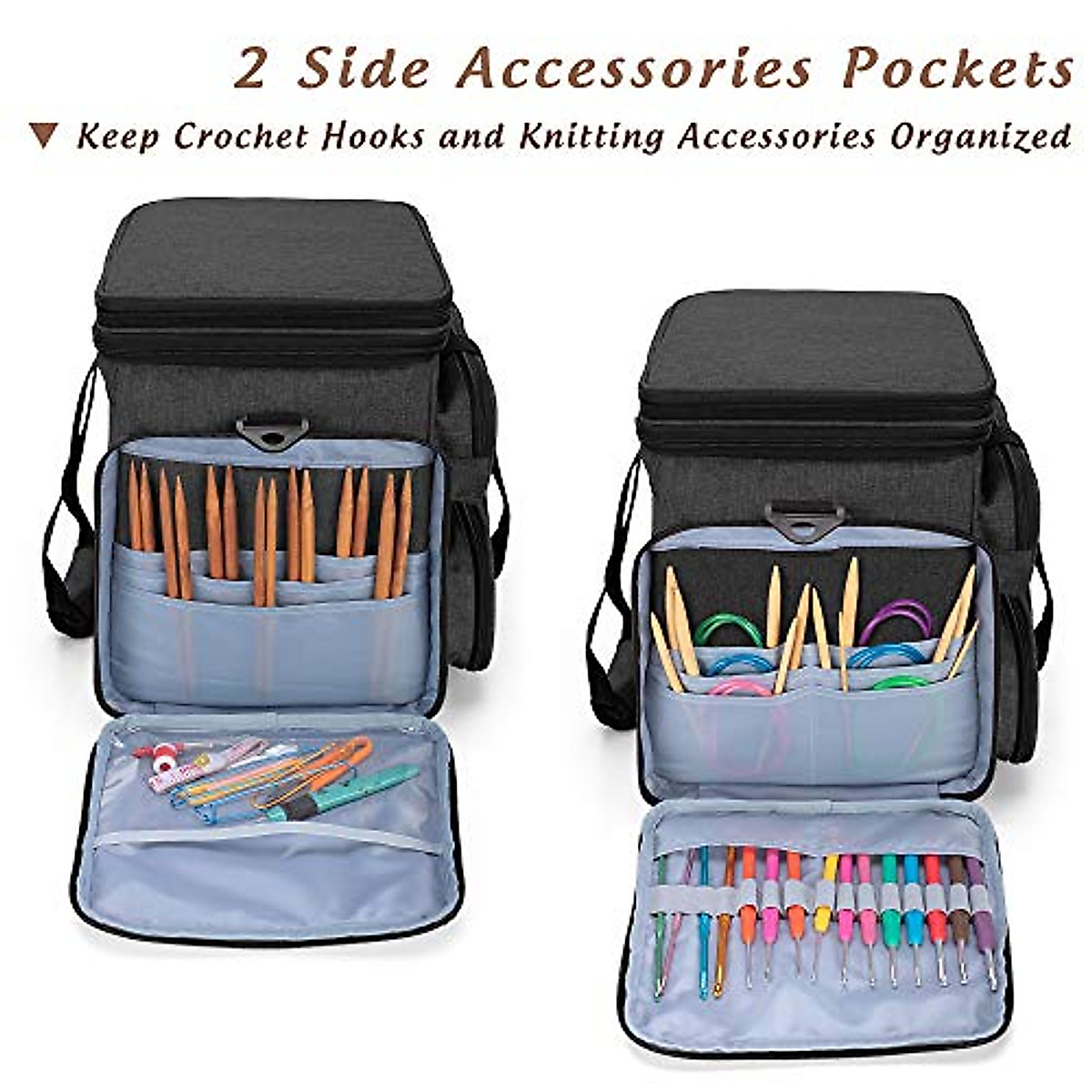 YARWO Knitting Yarn Bag, Portable Crochet Storage Tote with Double Top Cover and Yarn Holes for Knitting Needles(Up to 14”), Unfinished Projects and Skeins of Yarn, Black