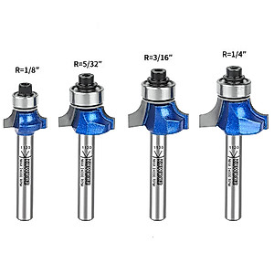 KOWOOD Plus Round-Over Router Bit Set, 1/4 Inch Shank, Radius in 1/8”, 5/32”, 3/16”, 1/4”. with Updated Kowood C3 Carbide. Great for Round Edges, Ideal for Table, Drawer or Cabinet Edges