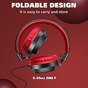 AKZ On-Ear Headphones with Microphone, Foldable Headphones with Tangle-Free Cord, Headphone with HD Sound, 3.5MM Jack, Portable Wired Headphones for School/Kids/Smartphones/Tablet/Travel (Red/Black)