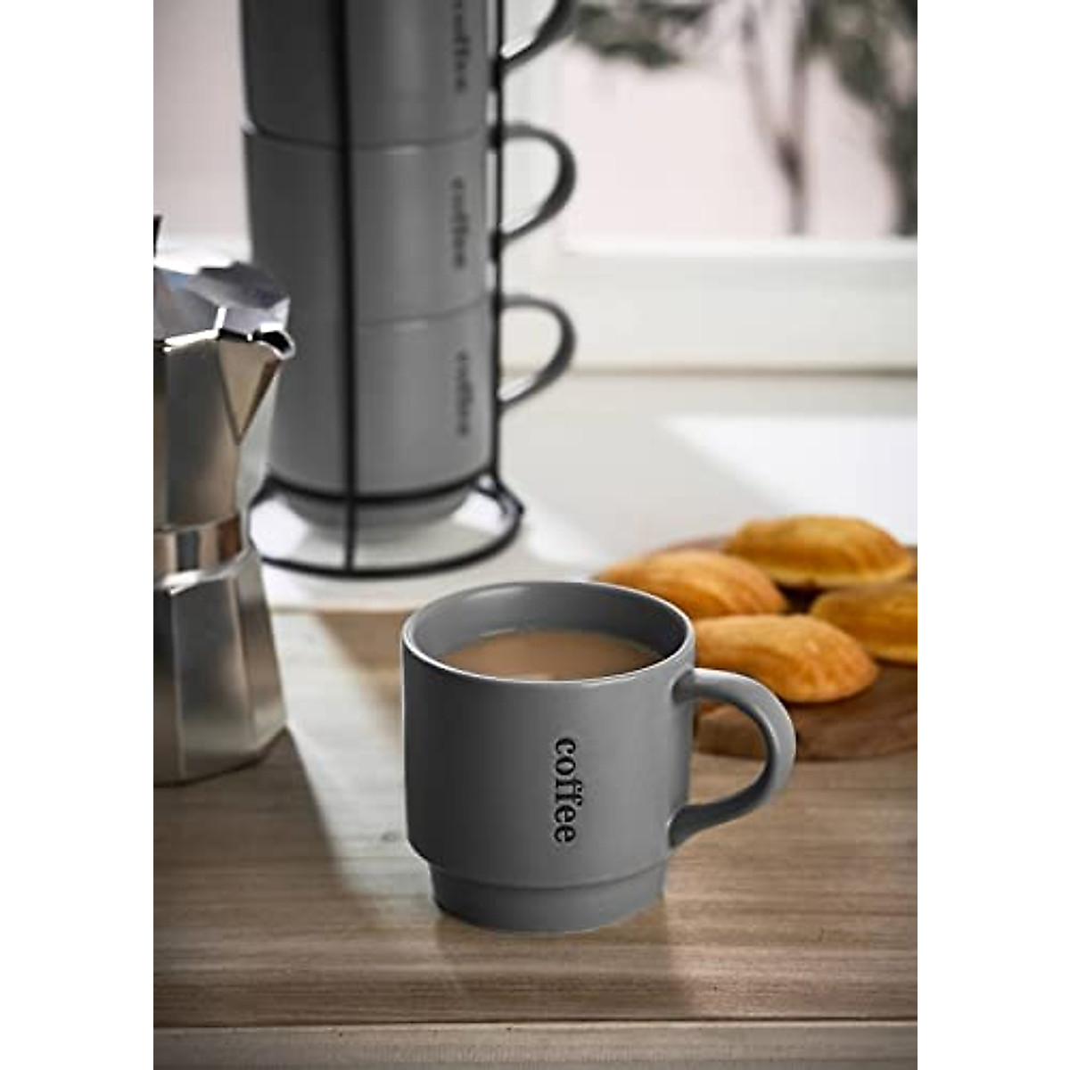 LAUCHUH Stackable Coffee Mug Set with Rack - 15 Ounce Porcelain Coffee Mugs for Coffee, Tea, Cocoa, Milk, Set of 4, Grey