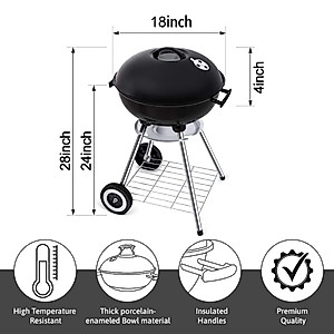 18 Inch Portable Charcoal Grill with Accessories for Outdoor Cooking Barbecue Camping BBQ Coal Kettle Grill - Mini Grill with Grilling Utensil Includes Tongs, Spatula,Fork,Basting Brush, Scraper