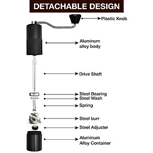 Polydrink Manual Coffee Grinder (Black) - Stainless Steel Conical Burr with Internal Adjustable Settings - Portable, Good for Home Office Traveling Hiking or Camping - Espresso to French Press