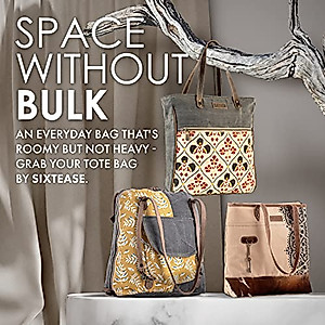 Tote Bags for Women by Sixtease - Large Tote Bag with Zipper Top - Genuine Leather Strap, Upcycled Canvas, Rug, Hair On and Hardware Accents - Vintage Style Hand Stitched - Fossil