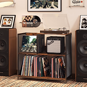 Huxitocan 3 Tier Record Player Stand Holds Up to 300 Albums with 4 Adjustable Divider for Turntable Stand, Large Vintage Record Player Table with Vinyl Record Holder Cabinet-Patent Pending