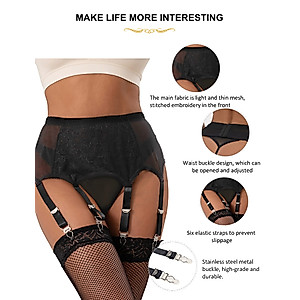 ohmydear Plus Size High Waisted Black Garter Belt for Women Mesh Lace Suspender Belt with 6 Straps Metal Clip for Stocking