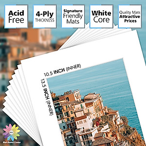 Mat Board Center, 10 Pack of White Pre-Cut Mat Board 16x20 Picture Mat for 11x14 Photo with White Core Bevel Cut Mattes Sets. Includes 10 Acid Free Mats & 10 Backing Board & 10 Clear Bags