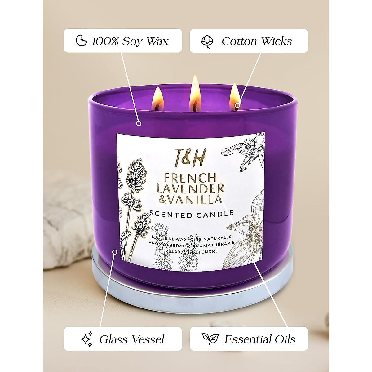 Lavender Vanilla Aromatherapy Candle 3-Wick | Scented Candle for Home | 15.8 oz Large Soy Candle | Relaxing Candle with Long Lasting Fragrance | Decorative Candle Gift for Women