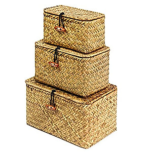 FEILANDUO Shelf Baskets with Lid Set of 3 Handwoven Seagrass Storage Box Wicker Basket Desktop Makeup Organizer Multipurpose Container (Original (S/M/L)