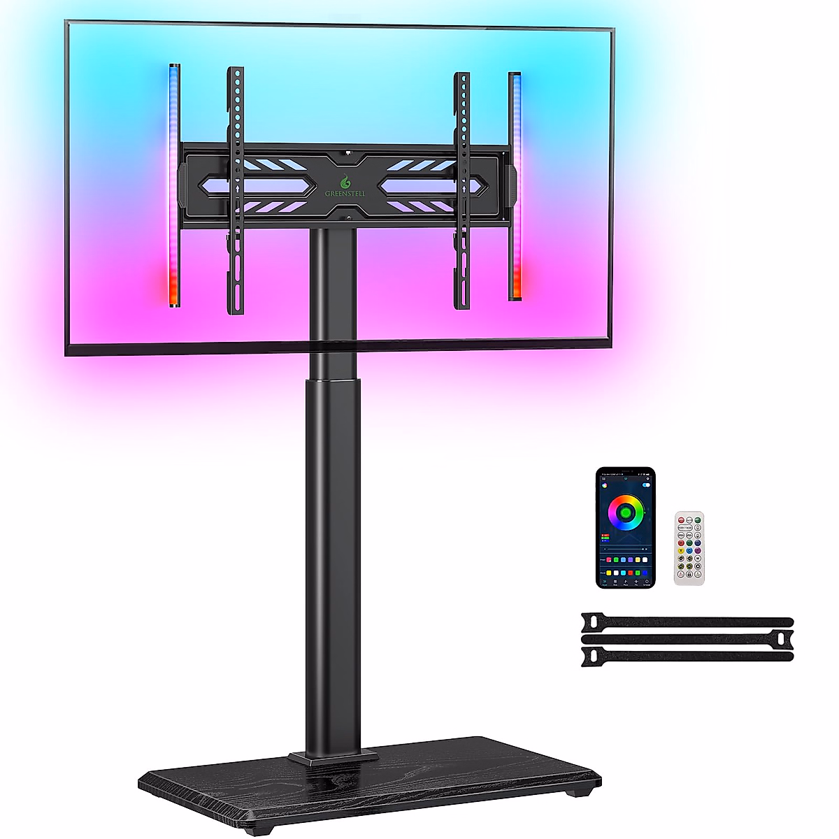 Greenstell TV Stand with LED Lights, Floor TV Stand for 32-70 inch TVs, Height Adjustable, Swivel Tall TV Stand, Eye Protection, Holds up to 110 Lbs, Max VESA 600x400mm