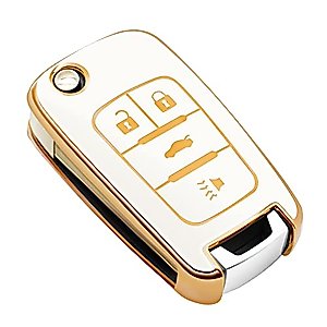 FEYOUN Key Fob Cover Compatible with Buick Encore Chevy Chevrolet Camaro Equinox Impala Sonic Trax GMC Terrain Flip 4 Buttons TPU Remote Keyless Key Fob Case Protection Shell Accessories, White