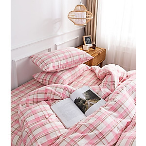 TazmKezm Pink Grid Duvet Cover Set 100% Washed Cotton Duvet Cover King Size (104x90 Inch),3 Pieces Luxury Soft Bedding Set with Zipper Closure.Solid Color Pattern Duvet Cover