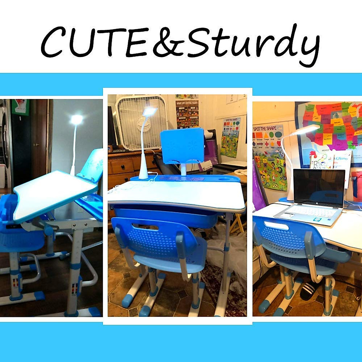 Yinleader Kids Desk and Chair Set,Height Adjustable,Spacious Storage Drawer,with Adjustable Tilted Desktop, Bookstand, Touch Led Lamp for School Student (Blue Set)