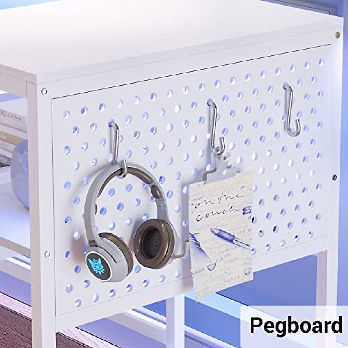 SEDETA L Shaped Gaming Desk, Reversible Home Office Desk or Corner Desk, Gaming Desk with Power Outlets & LED Strip, Monitor Shelf, Keyboard Tray, Pegboard and Storage Shelves, White