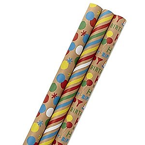 Hallmark All Occasion Wrapping Paper with Kraft on Reverse (3 Rolls: 105 sq. ft. ttl.) Birthday, Rainbow Stripes, Polka Dots for Parties, Kids Crafts, DIY Decorations, Care Packages or Any Occasion