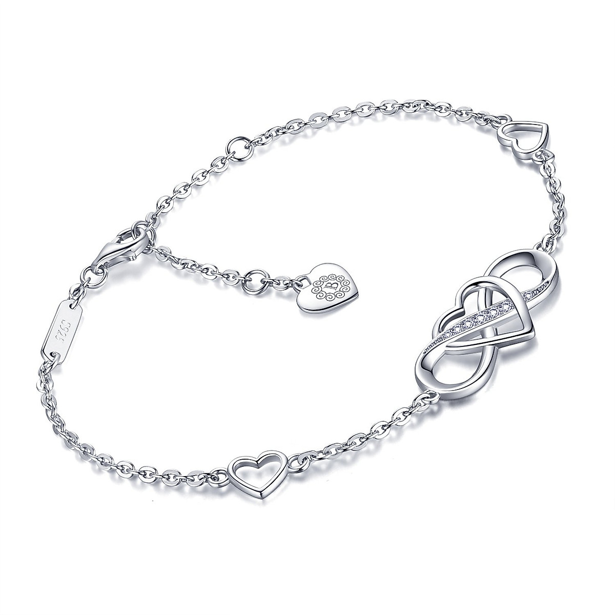 Billie Bijoux Women 925 Sterling Silver Infinity Bracelet Forever Love” Infinity Heart White Gold Plated Diamond Adjustable Bracelet Best Gifts